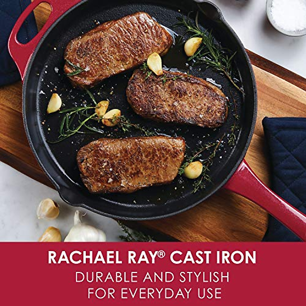 Rachael Ray Enameled Cast Iron Skillet/Fry Pan with Pour Spouts, 12 Inch, Red Shimmer