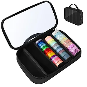 Homakover Washi Tape Organizer Carry Case with Remove Divider Strip, Tape DIY Sticker Roll Tape Holder Wrapping Ribbon Storage Bag with Handle Strap, Clear PVC Window, Black