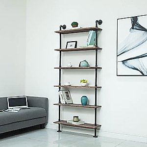 WGX Design For You Industrial Pipe Shelves Rustic Wood Ladder Bookshelf Wall Mounted Shelf for Living Room Decor and Storage (32in, 6 Layers)