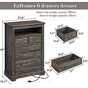 EnHomee Farmhouse 6 Drawer Dresser for Bedroom LED Light & Power Outlets, 48" H Solid Wood Dressers & Chests of Drawers with Natural Texture, Tall Dressers for Bedroom, Hallway (Dark Rustic Oak)