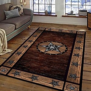 ZLXMN Vintage Rustic Star Area Rugs,5x7ft,Retro Western Texas Star Design Brown Rug Country Decor Rugs for Living Room Bedroom Kitchen Farmhouse Decor Machine Washable Non Skid Rug Pad