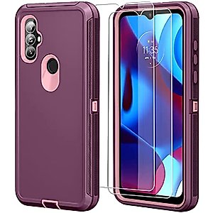 Qinmay Moto G Pure Case with Screen Protector (2 Pcs), WineRed Pink Heavy Duty Shockproof TPU+PC Protection