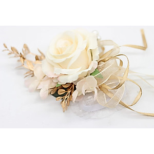 YOKOKE Corsage and Boutonniere Set, Handmade Artificial Peony Rose Wrist Corsage Wristlet and Groom Boutonniere for Men Wedding Prom Suit Decorations (Champagne Cream Gold)