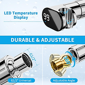 KAIYING High Pressure Shower Heads with Shower Thermometer, 3 Spray Hand Held Shower Head with On Off Switch, Detachable RV Shower with Hose and LED Temperature Display Bracket, Chrome