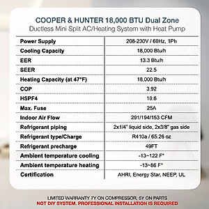 Cooper & Hunter 18,000 BTU Dual 2 Zone 12,000 + 12,000 BTU Wall Mount Ductless Mini Split AC/Heating System, Pre-Charged, 22.5 SEER, Including 25FT Copper Line Set and Communication Wires
