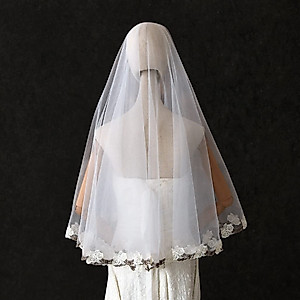 Short Veil White Rose Applique Blusher Veil Wedding Veils Bride Accessories for Girlfriend Exquisite Bridal Tulle Flower Edge Wedding (Color : White)