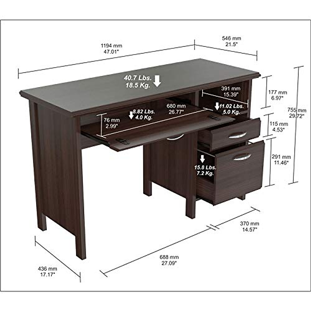 Inval America Softform Desk, Espresso-Wenge/Silver