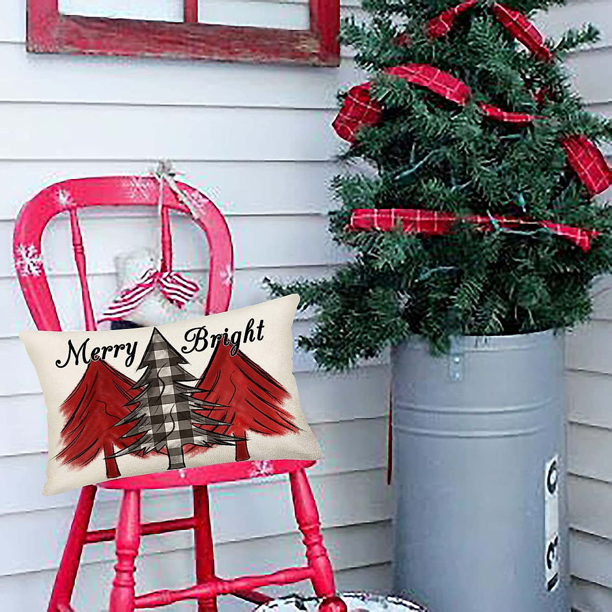 Fukeen Merry Bright Christmas Tree Pillow Covers 12x20 Inch Black White Buffalo Plaids Checked Xmas Red Trees Farmhouse Decorations Throw Waist Pillow Cases Cotton Linen Winter Cushion Cover