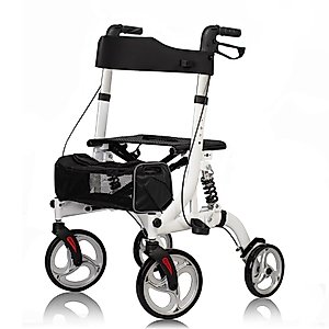 ELENKER Rollator Walker with Seat, 10”Front Wheels, with Shock Absorber & Carrying Pouch, Lightweight Compact Folding Design for Seniors (White)