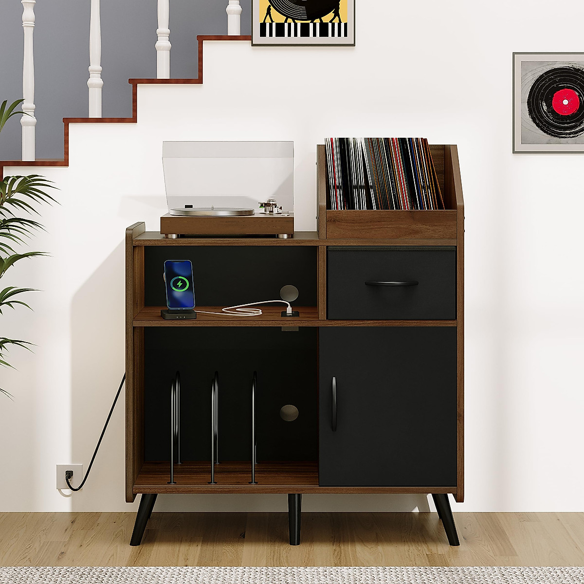 YITAHOME Record Player Stand with Storage, Wooden Turntable Stand with Sliding Door, Record Player Table with Charging Station & USB Ports for Living Room, Bedroom, Office