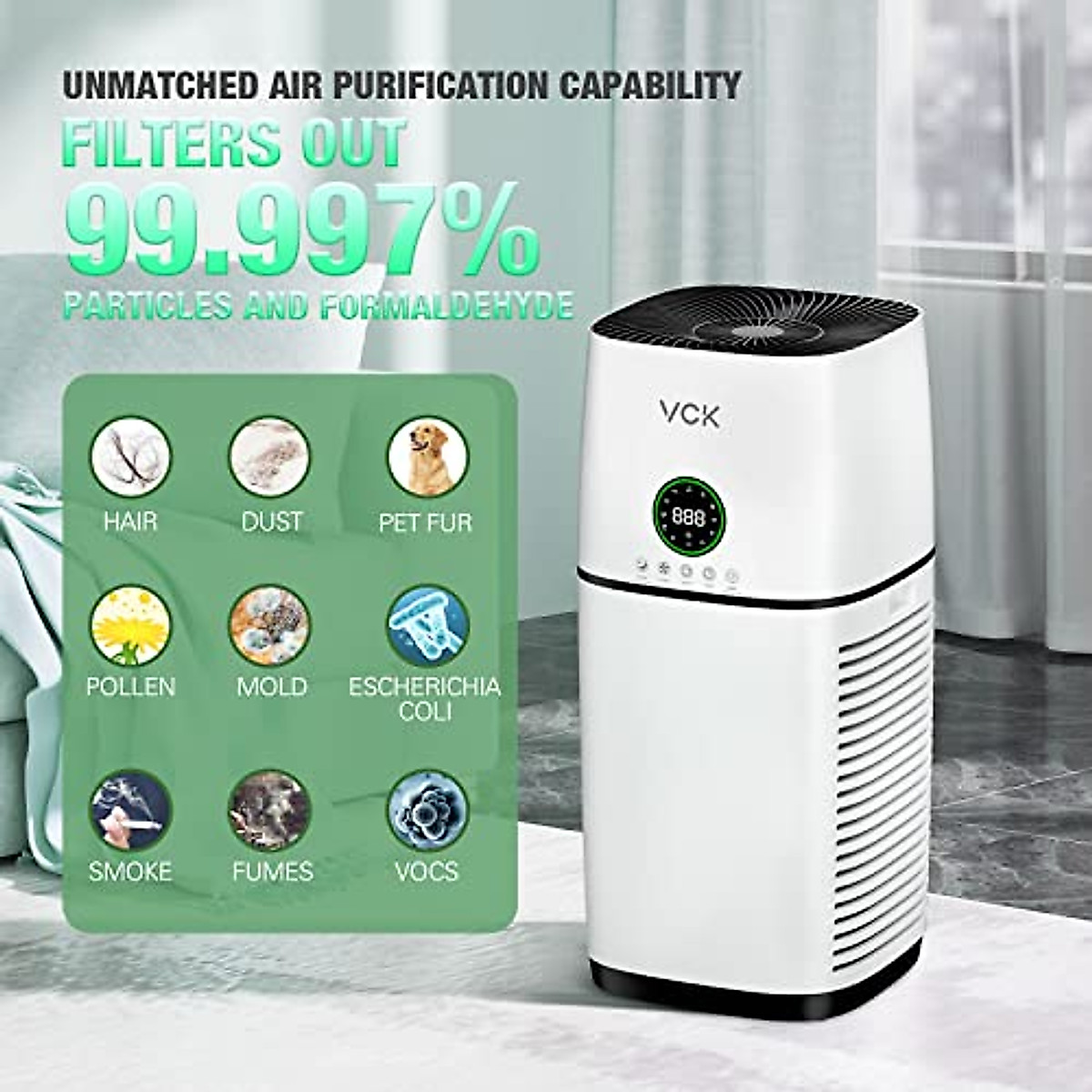 VCK Air Purifier with H14 True HEPA Filter, PM2.5 Monitor, and 1100 sq ft Coverage - Removes 99.997% of Dust, Smoke, Pollen - Ideal for Allergies, Pets, and Large Rooms