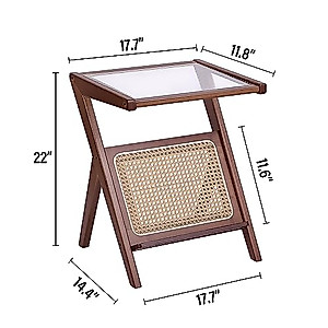 Tiita Rattan Nightstand Side Table, Bamboo Accent Bedside Tables, Glass Coffee Tables, Boho Wooden End Table with Storage for Small Space, Living Room and Bedroom