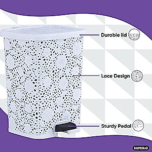 Compact Plastic Step-On Trash Can, Indoor and Outdoor Waste Bin with Foot Pedal, White Decorative Garbage Bin with Lace Design, 12 Qt Small Trash Can for Kitchen, Bathroom, Bedroom, Patio, Yard