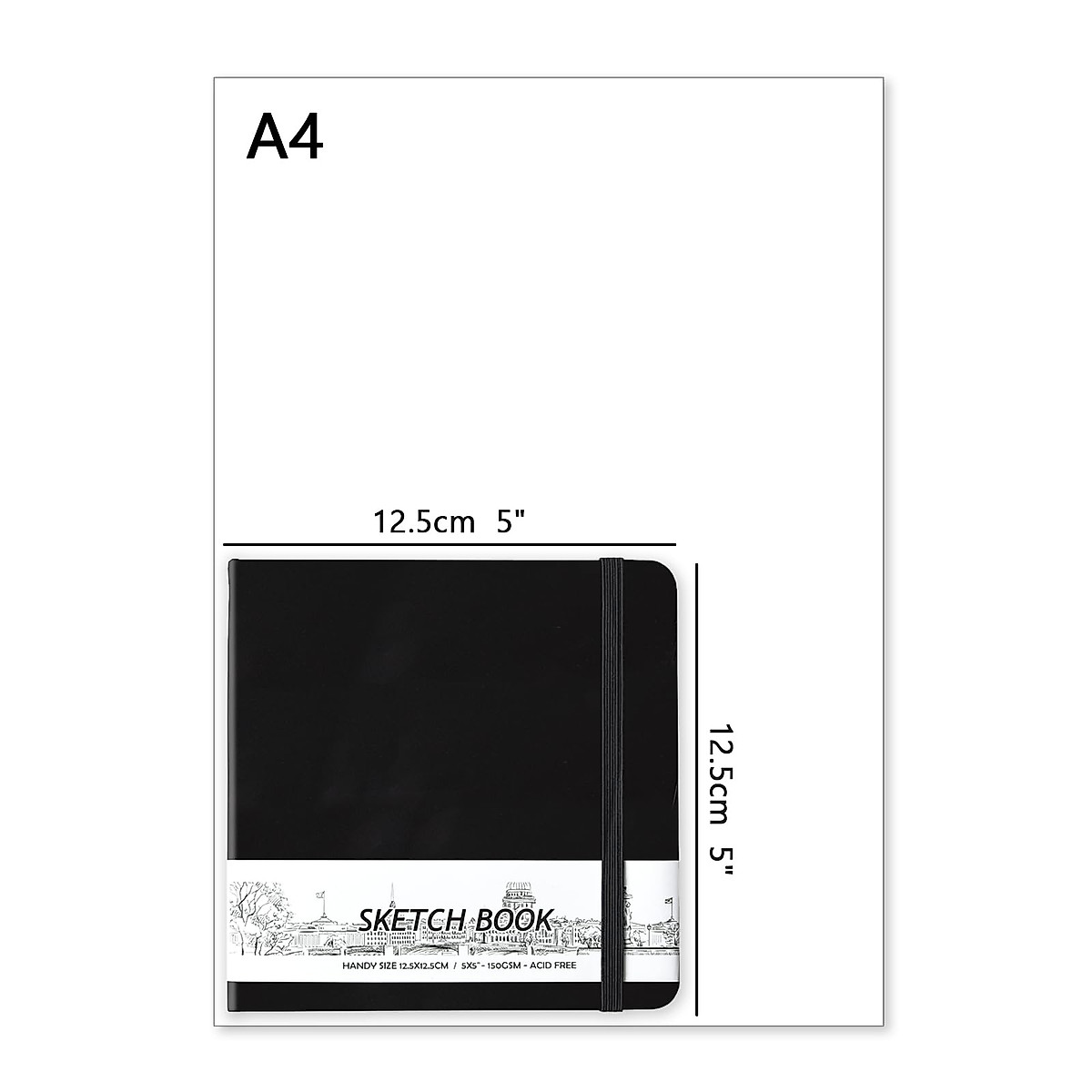 5" x 5" Square Handy Pocket Hardcover PU Leather Sketchbook,58 Sheets 150 GSM Beige Dowling Paper, Acid Free Art Sketch Book Artistic Drawing Painting Writing Paper for Beginners Artists.Black