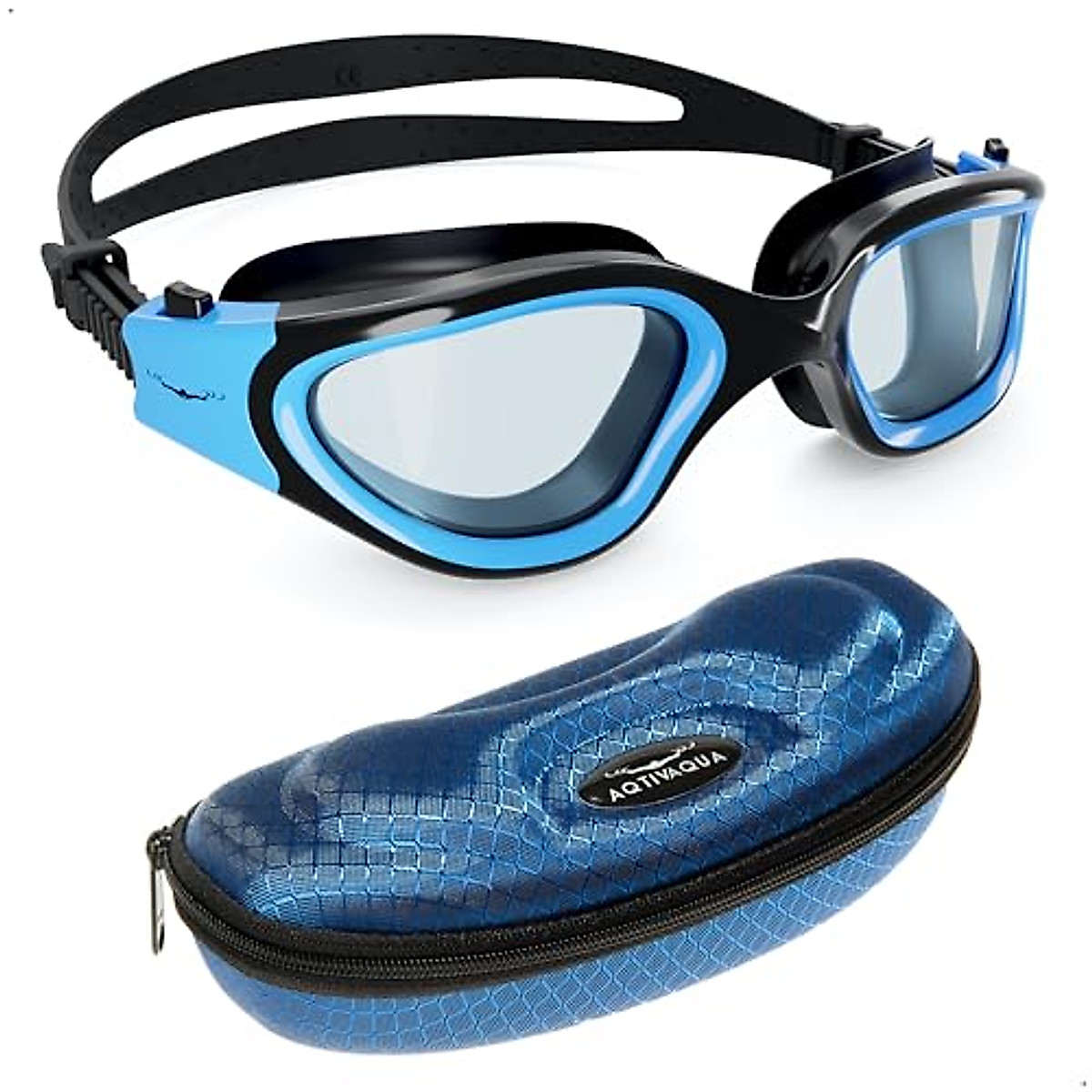 AqtivAqua Swimming Goggles Swim Goggles for Adults Men Women Kids Youth Girls Boys Children DX (Clear-Lenses Blue/Black-Frame)