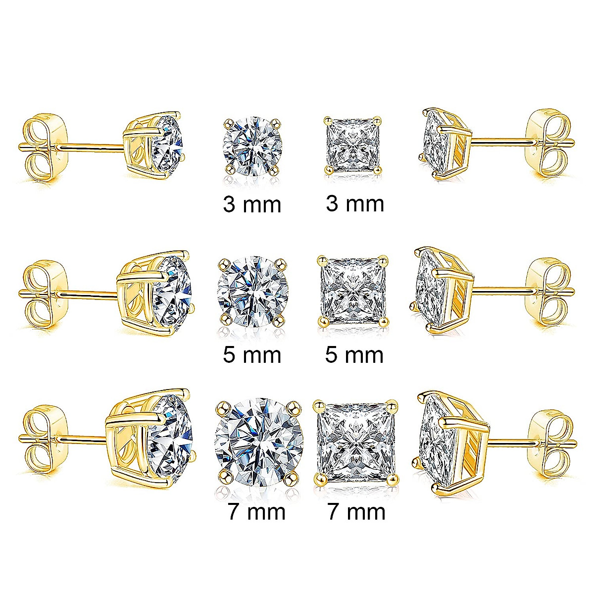 14K Gold Plated Round Princess Cut Clear Cubic Zirconia Hypoallergenic Stud Earring Set for Men Women 6 Pairs