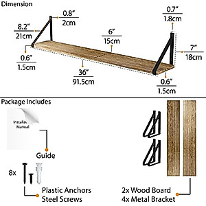 Wallniture Bora 36 Inch Large Floating Shelves for Wall, Floating Bookshelf, Plant Shelf Set of 2, Burned Wood Wall Shelves for Living Room