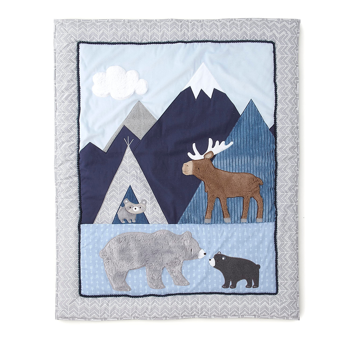 Levtex Baby - Trail Mix Crib Bed Set - Baby Nursery Set - Grey, Navy, White and Blue - Bear Mountains - 4 Piece Set Includes Quilt, Fitted Sheet, Wall Decal & Skirt/Dust Ruffle