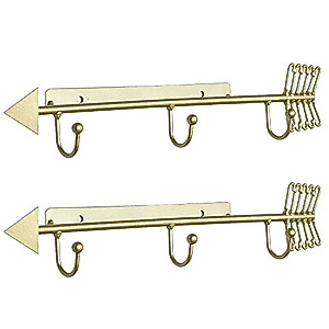 MyGift Wall Mounted Collectible Plate Saucer and Tea Cup Display Rack with 3 Hooks, Brass Tone Metal Arrow Design Decorative Wall Plate Holder, Set of 2