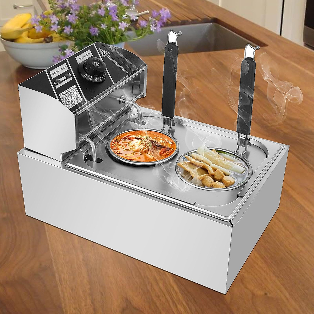 Rrlihjgu Electric Noodle Cooker Pasta Cooker Electric - 1500W Commercial Stainless Steel Two Baskets Pasta Cooker Multifunctional Cooking Equipment for Vegetables, Spaghetti, Dumplings, Fried Snacks