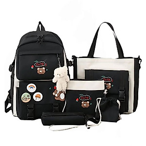 MININAI Kawaii Backpack Set with Cute Pendant Fit 15.6 inch Laptop Women Kawaii Korean Aesthetic Preppy Accessories (Black,One Size)