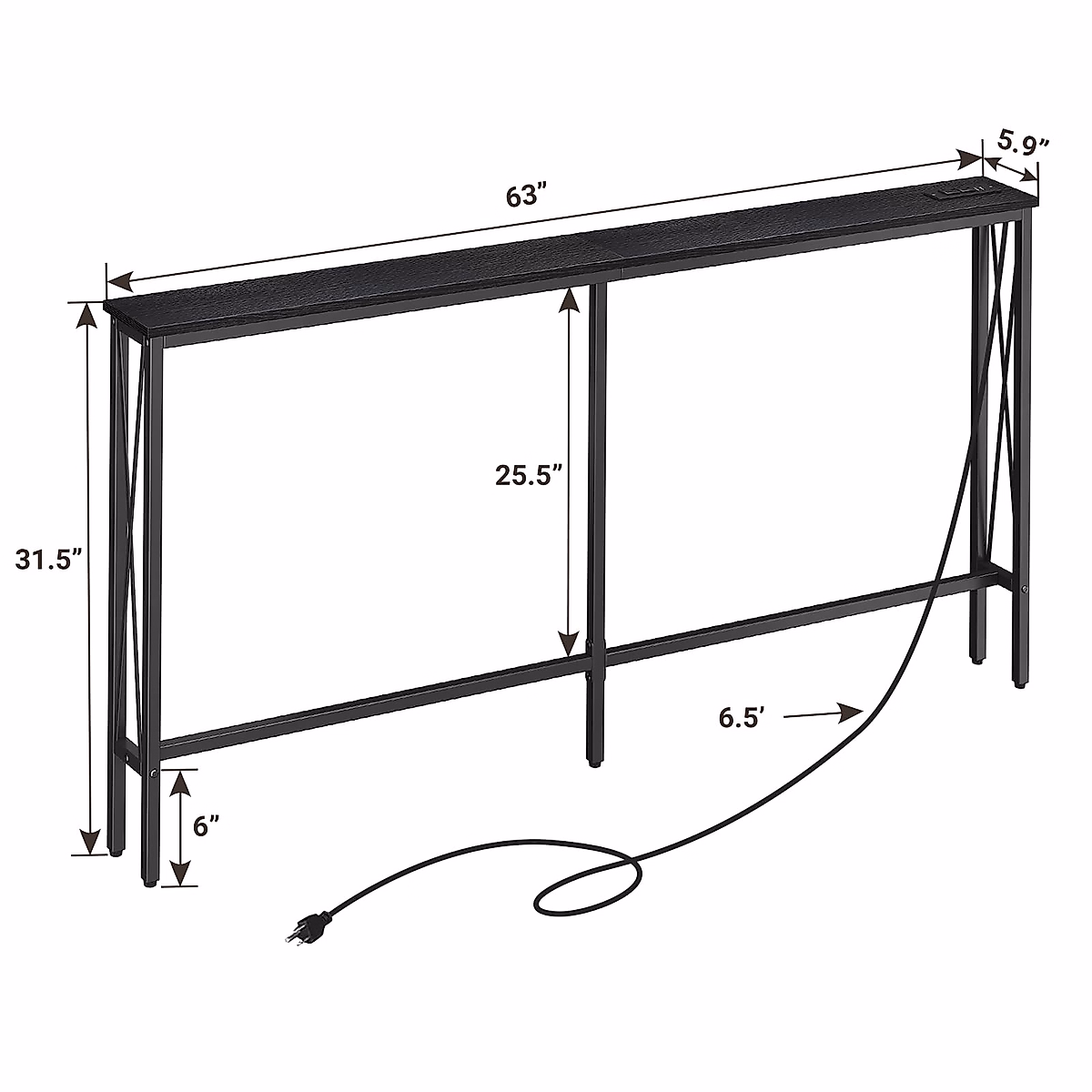 ELYKEN 5.9" Narrow Console Sofa Table with Power Outlets, 5.9" Dx63 Wx31.5 H Long Skinny Behind Couch Table with “X” Cross Metal Frame and Charge Station with 6.5’ Extension Cord, Black