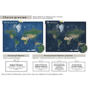 Modern World Satellite Wall Map with Push Pins | Push Pin Travel Map on Canvas | Personalized World Map with Pins | 24" x 32" up to 40" x 53"