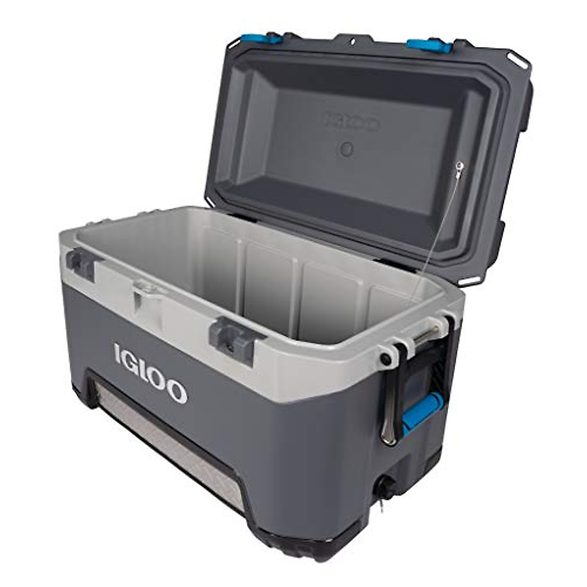 Igloo BMX 72 Quart Cooler with Cool Riser Technology, Fish Ruler, and Tie-Down Points - 18.70 Pounds - Carbonite Gray and Blue