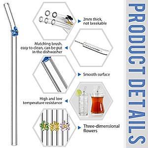 16 Pieces Reusable Glass Straw with Flower Cute Colorful Glass Straws with Design 7.87 x 0.31" Shatter Resistant Bend Straws and Cleaning Brush for Cocktail Hot or Cold Drinks