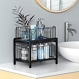 2 Tier Under Sink Organzier, NPPLUS Iron Under Sink Cabinet Organizers With Sliding Drawer, Pull-Out Home Organizer For Bathroom, Kitchen - Black