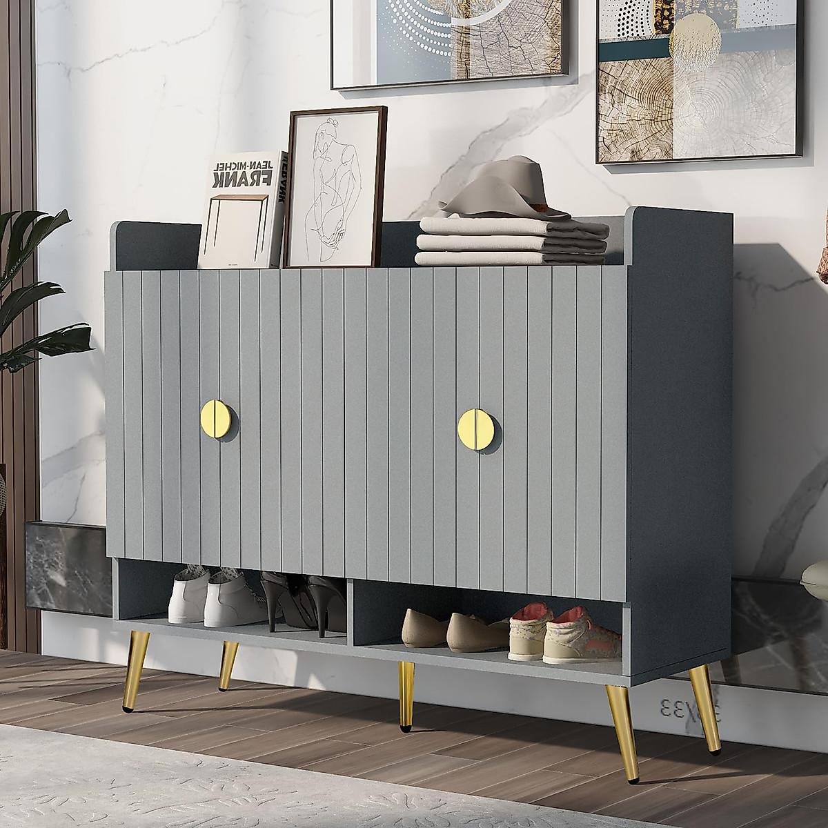 Bituman Freestanding Wood Shoe Storage Cabinet, 11-Tier Modern Narrow Shoe Organizer Rack with Adjustable Shelves Shoe Closet for Entryway, Hallway, Bedroom, Living Room, Gray