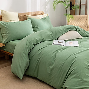 BESTOUCH Duvet Cover Set 100% Washed Cotton Linen Feel Super Soft Comfortable Chic Lightweight 3 PCs Home Bedding Set Solid Light Grass Green Full/Double