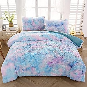 SUCSES Tie Dye Plush Shaggy Duvet Cover Set Full Size Rainbow Faux Fur Bedding Set for Teens Girls Soft Velvet Fluffy Fuzzy Comforter Cover Bed Set (Blue Purple Ombre, Full)