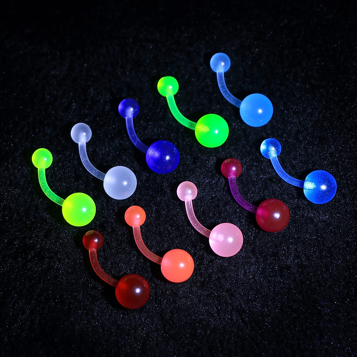 CM Crareesi Mania 10Pieces Belly Button Rings Glow in The Dark Belly Rings 14G Acrylic Flexible Banana Barbells Colorful Navel Piercing Jewellery Navel Bars