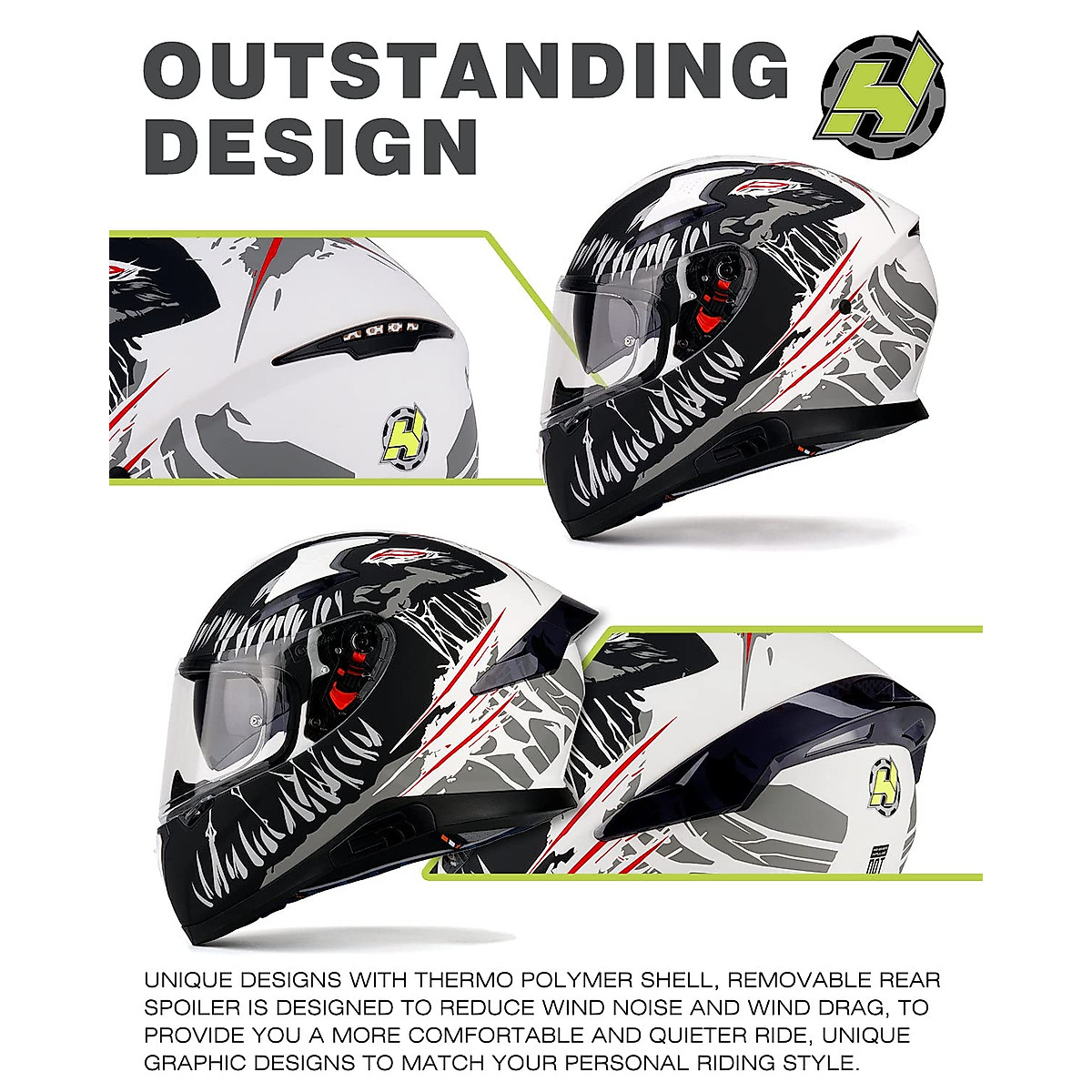 HAX Full Face Motorcycle DOT Approved Helmet with Dual Rear Wing and Pinlock Ready - Lightweight and Durable Motorbike Street Bike Helmet for Adults (Impulse Devour Black,XL)