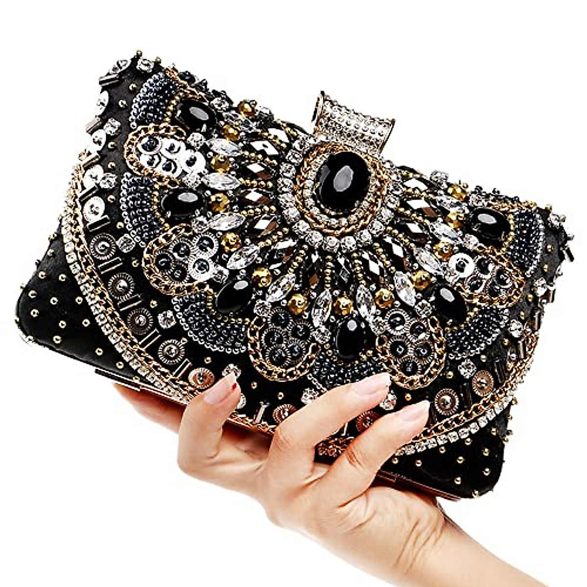 Small Beaded Clutch Purse Elegant Black Evening Bags Wedding Party Clutch Handbag Metal Chain Shoulder Bags