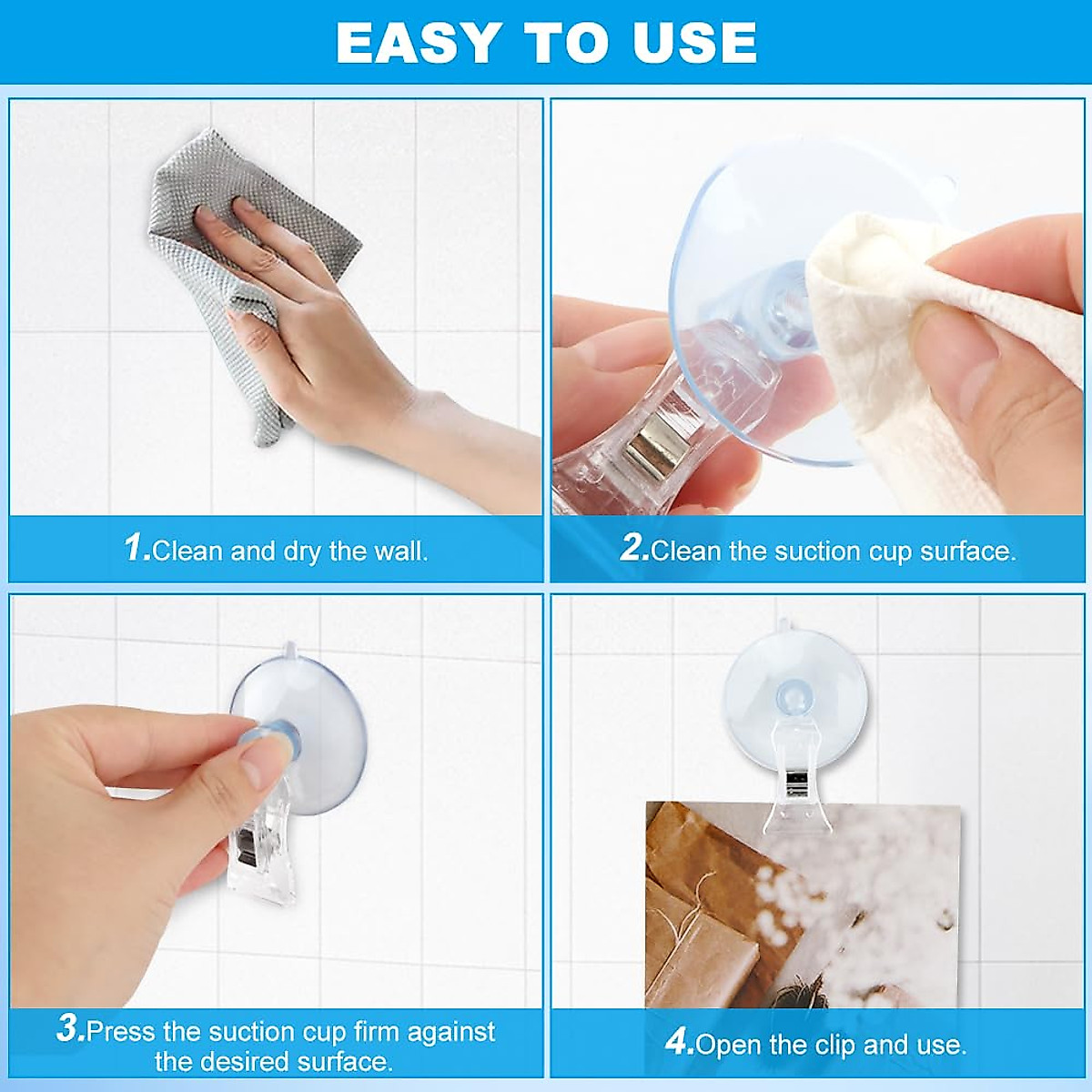 5Pcs Wall Suction Cup Clip, Sucker Clamp Plastic Suction Cups Holder Reusable Kitchen Plastic Round Clamps Holder Business Cards Clamp for Bathroom Kitchen Windows