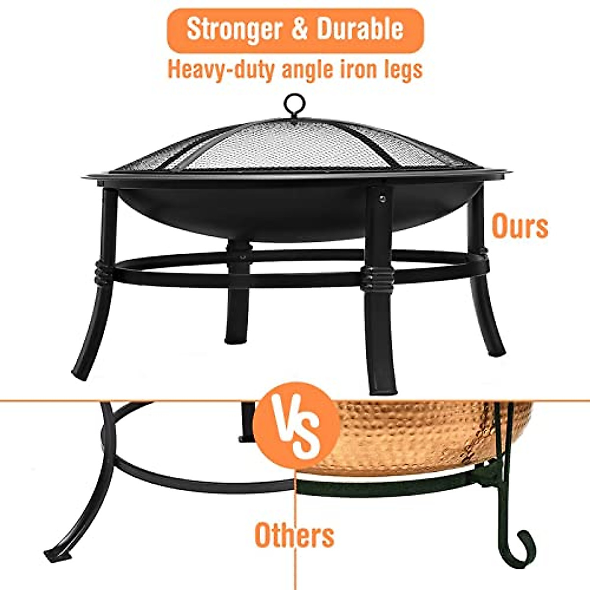 26'' Fire Pit Wood Burning fire Pit Outdoor Fire Pits Steel BBQ Grill Firepit Bowl with Mesh Spark Screen Cover Log Grate Wood Fire Poker for Camping Picnic Garden Backyard Bonfire Patio Beaches