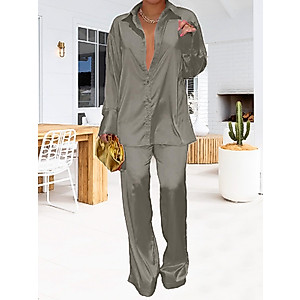 Women Wide Leg 2 Piece Pants Outfit Set Casual Satin Button up Long Sleeve Tops Palazzo Pants Set Tracksuit Grey Plus Size XXL