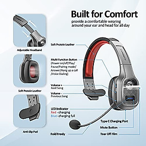 FXWONTY Trucker Bluetooth Headset, Bluetooth Headset with Microphone Noise Canceling & Mute Button, Bluetooth 5.0 Headphones for Trucker/Remote Worker/Online Class/Call Center/Zoom/Teams