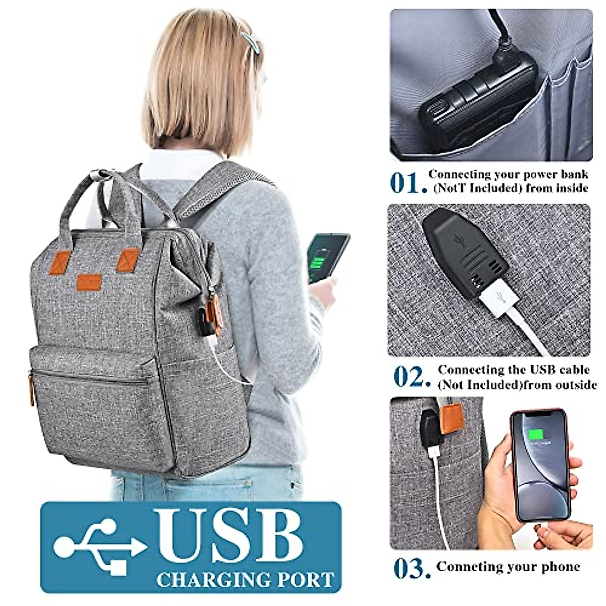 UTOTEBAG Laptop Backpack for Women, Bag Set Backpack for 15.6inch Computer with USB Charging Port, Water Resistant College Nurse Backpack Set with Makeup Bag Lunch Bag for Work/Business/Travel, Gray