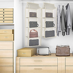 souG 2 Pack Hanging Handbag Purse Organizer for Closet, Purse Bag Storage Holder for Wardrobe Close with 1pcs 4 Shelves Space and 1pcs 3 Shelves Space Saving Purse Organizers System (Beige)