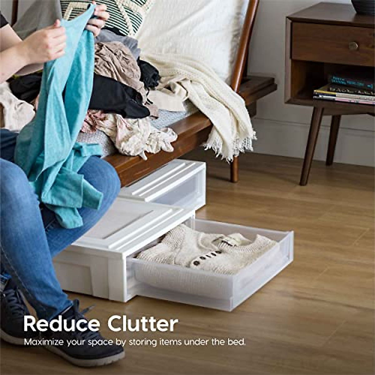 IRIS USA 27.5 Qt Plastic Under Bed Storage Containers with Sliding Organizer Drawers, 4 Pack, Stackable Storage Bins for Clothes, Linens and Shoes, White