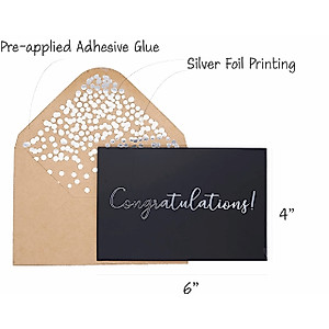 Congratulations Card – 50 Pack Matte Finish Black Greeting Cards With ‘’Congratulations’’ Embossed In Silver Foil Letters – For Engagement, Graduation, Wedding 52 Gold Foil Confetti Kraft Envelopes