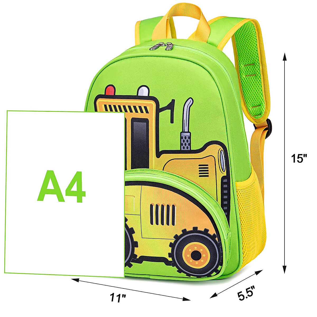 BTOOP Toddler Backpack Boys Cute Kids School Backpack Preschool Kindergarten Bookbags Nursery Daycare Toddler Bags, Tractor-fluorescent Green