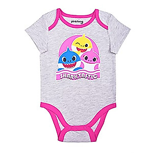 Nickelodeon Baby Shark Girls’ 3 Pack Short Sleeve Bodysuit for Newborn and Infant – Pink/Grey