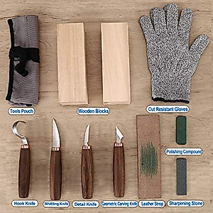 Wood Carving Tools Pack of 11- Includes Black Walnut Handle Wood Carving Knife,Whittling Knife,Hook Knife,Polishing Compound,Sharpening Stone,Cut Resistant Gloves,Wood Carving Kit for Beginners.