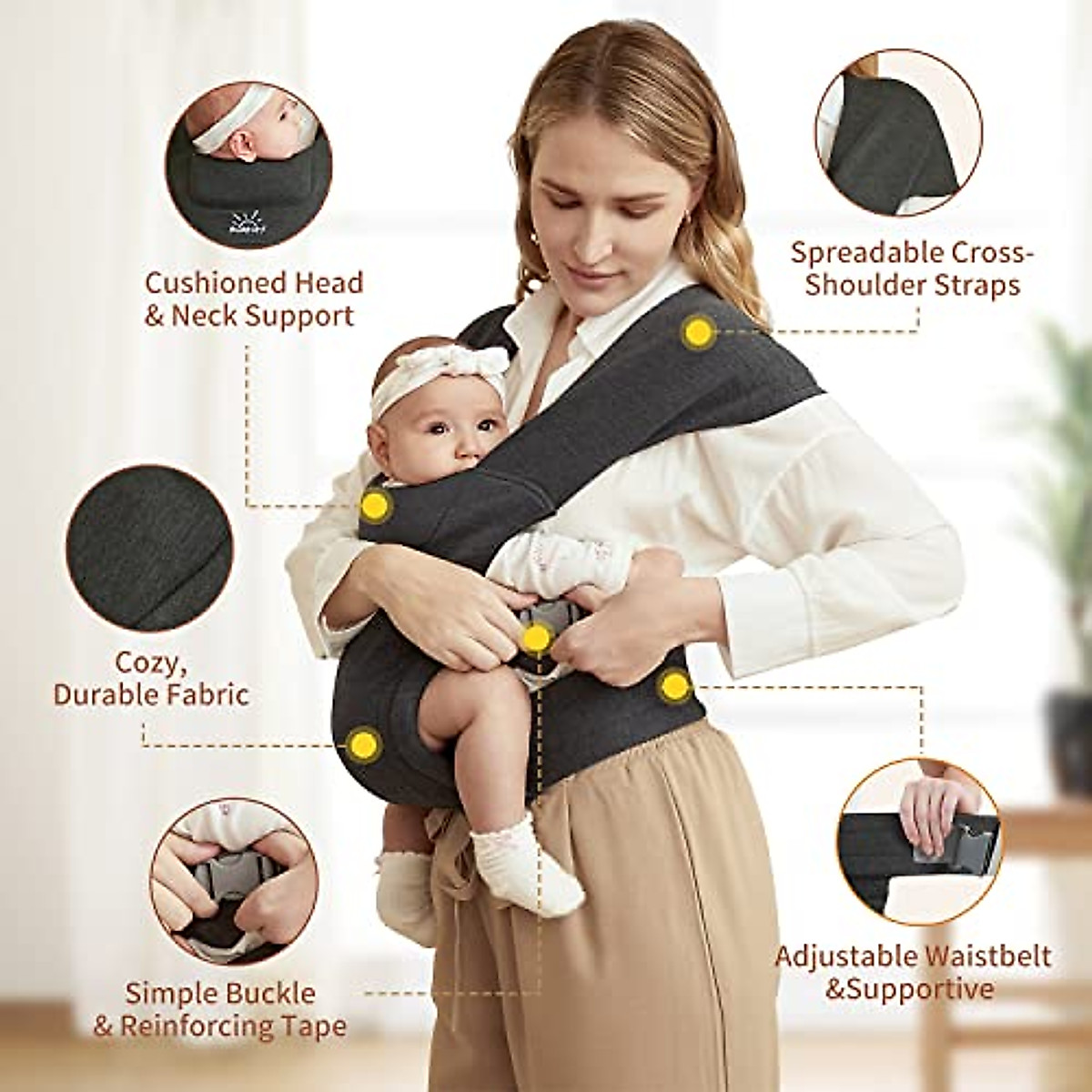 Newborn Carrier, MOMTORY Baby Carrier(7-25lbs), Cozy Baby Wrap Carrier, with Hook&Loop for Easily Adjustable, Soft Fabric, Deep Grey