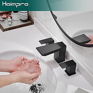 Hoimpro 3 Holes 8 Inch Widespread Bathroom Faucet, Waterfall Two Handles Bathroom Sink Faucet with Pop Up Drain, Bathroom Sink Faucet with cUPC Supply Hoses, Stainless Steel, Matte Black