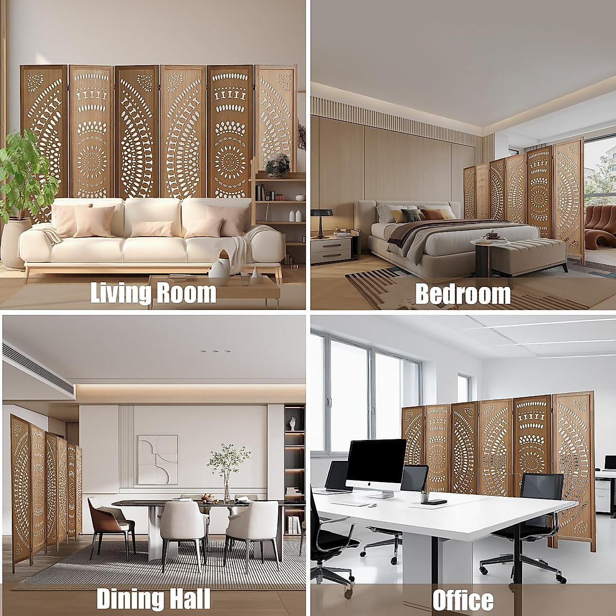 ALeesing 6 Panel Wood Room Divider Fully Assembled, Carved Boho Room Dividers and Folding Screens, 5.6Ft Room Divider Screen Freestanding Partition Wall Dividers for Home Bedroom Office, Brown